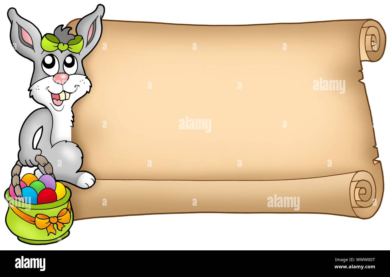 Easter scroll with cute bunny - color illustration Stock Photo - Alamy
