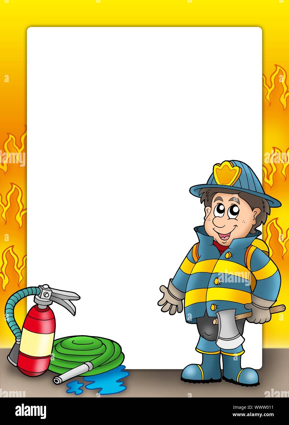 Fire protection frame with fireman - color illustration Stock Photo - Alamy