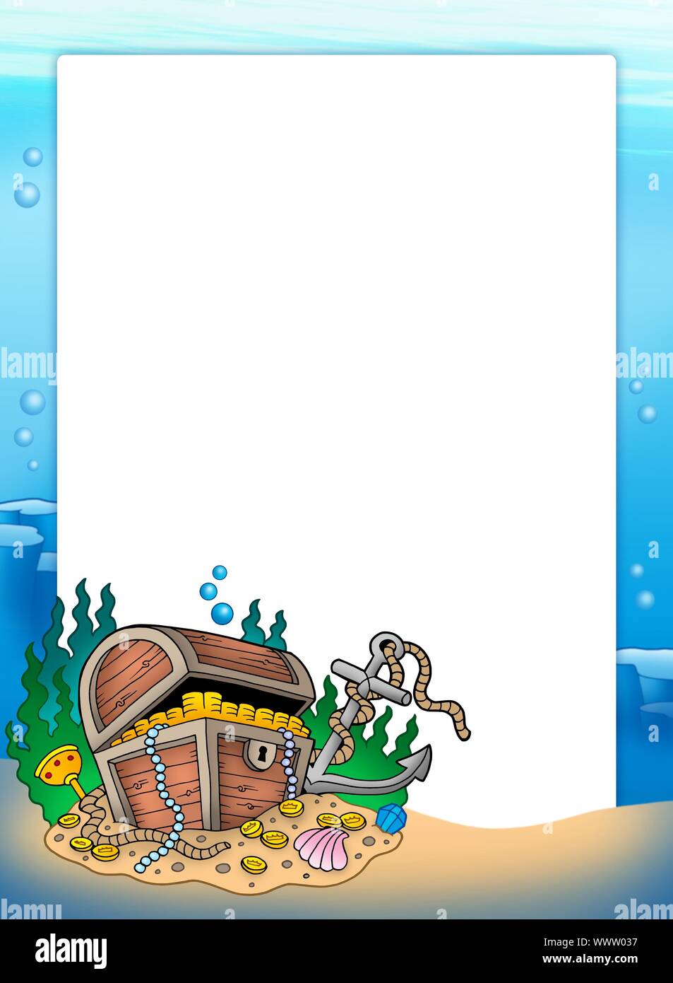 Frame with treasure chest in sea - color illustration Stock Photo - Alamy