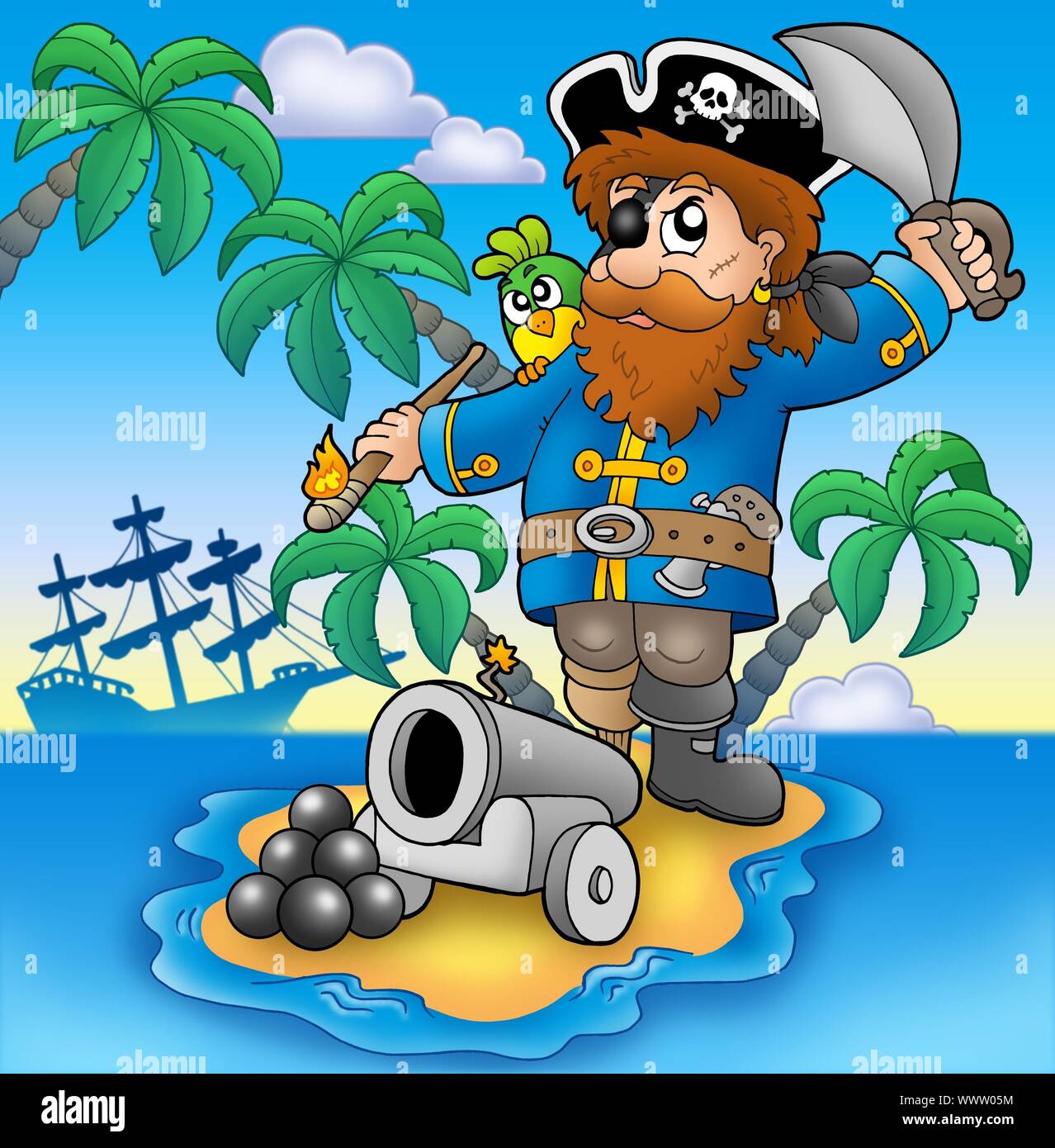 Pirate shooting from cannon - color illustration Stock Photo - Alamy