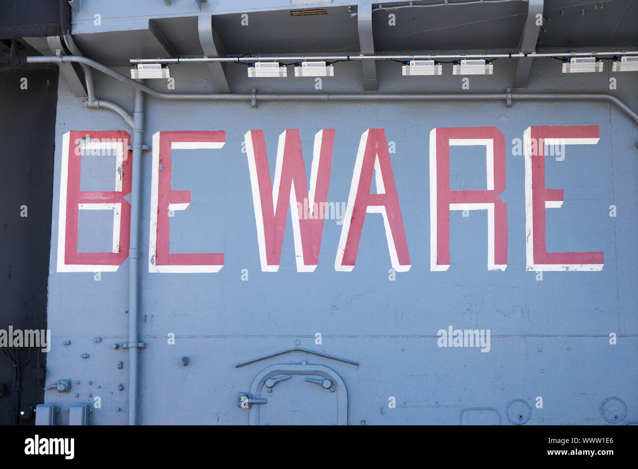 New York, USA - June 11th 2019: Beware of Blasts sign at Intrepid Sea ...