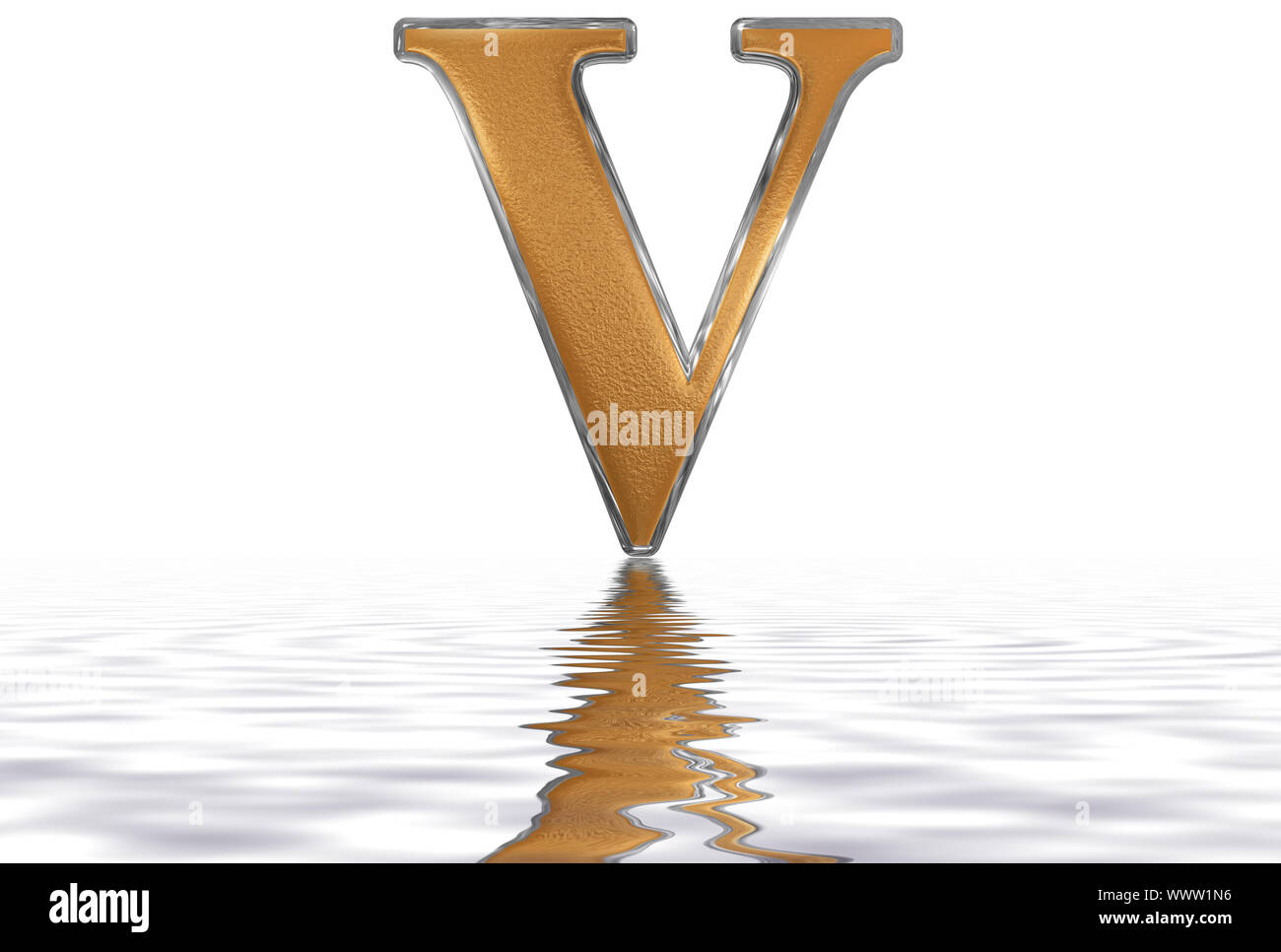 Roman numeral V, quinque, 5, five, reflected on the water surface ...