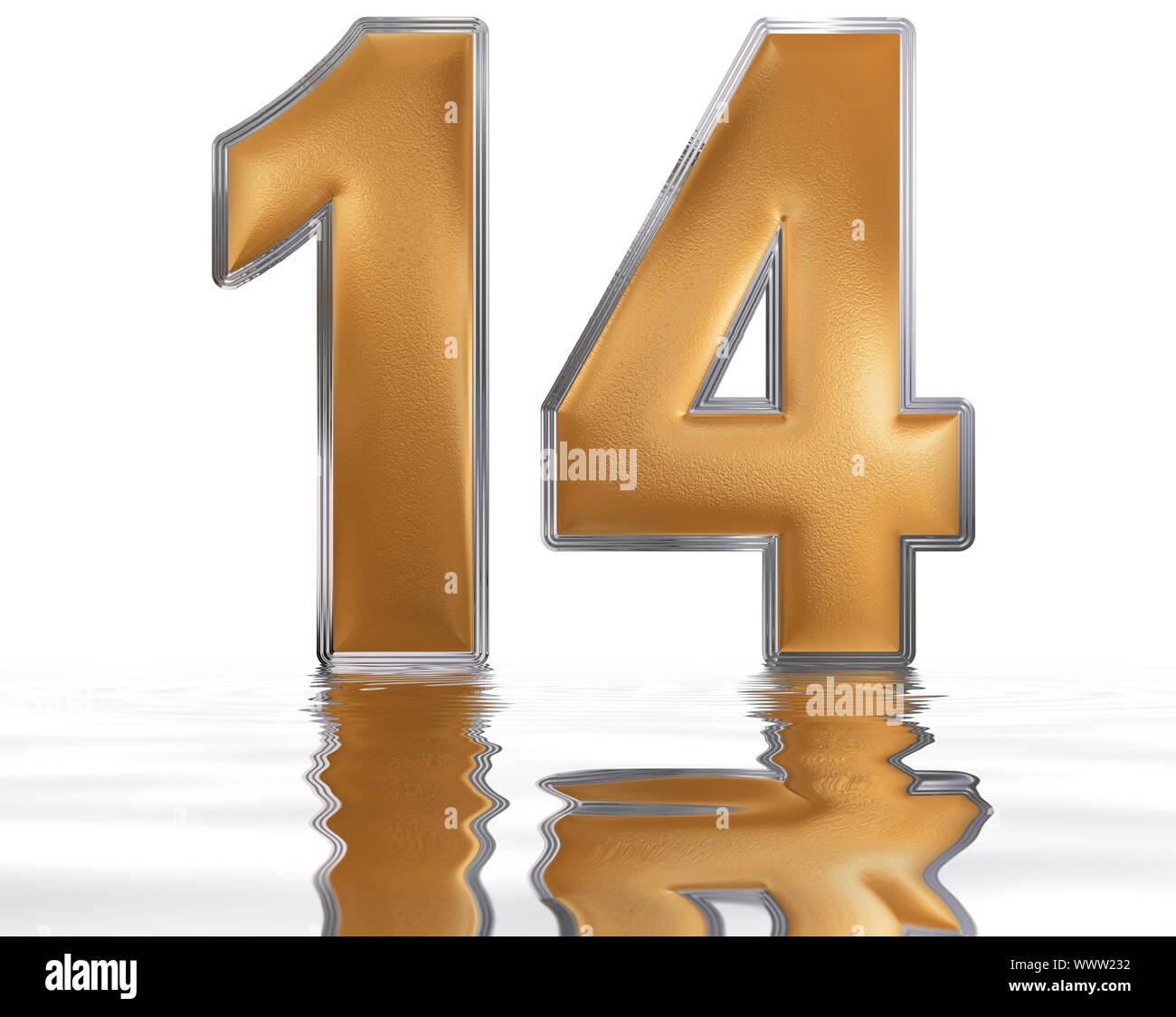 Numeral 14, fourteen, reflected on the water surface, isolated on white ...