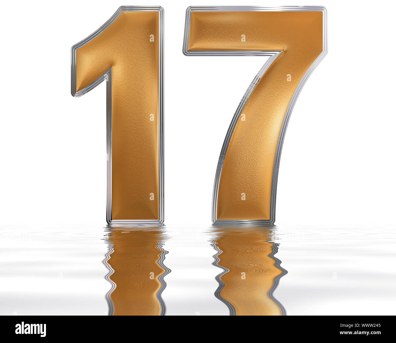 Numeral 17, seventeen, reflected on the water surface, isolated on ...