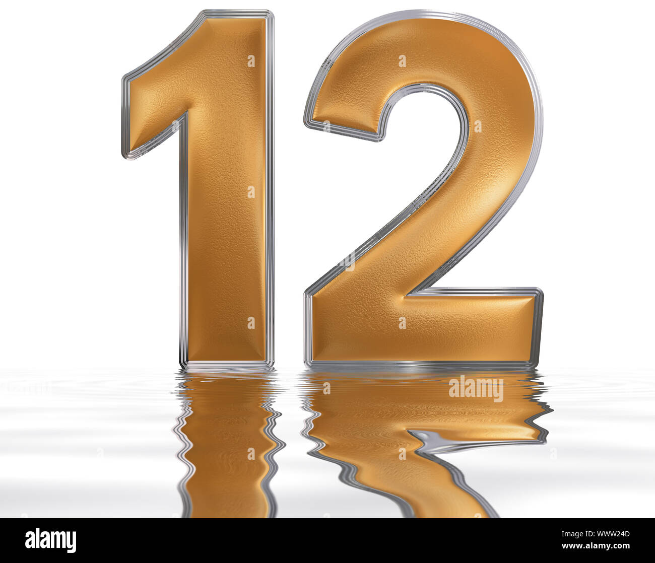 Numeral 12, twelve, reflected on the water surface, isolated on white ...
