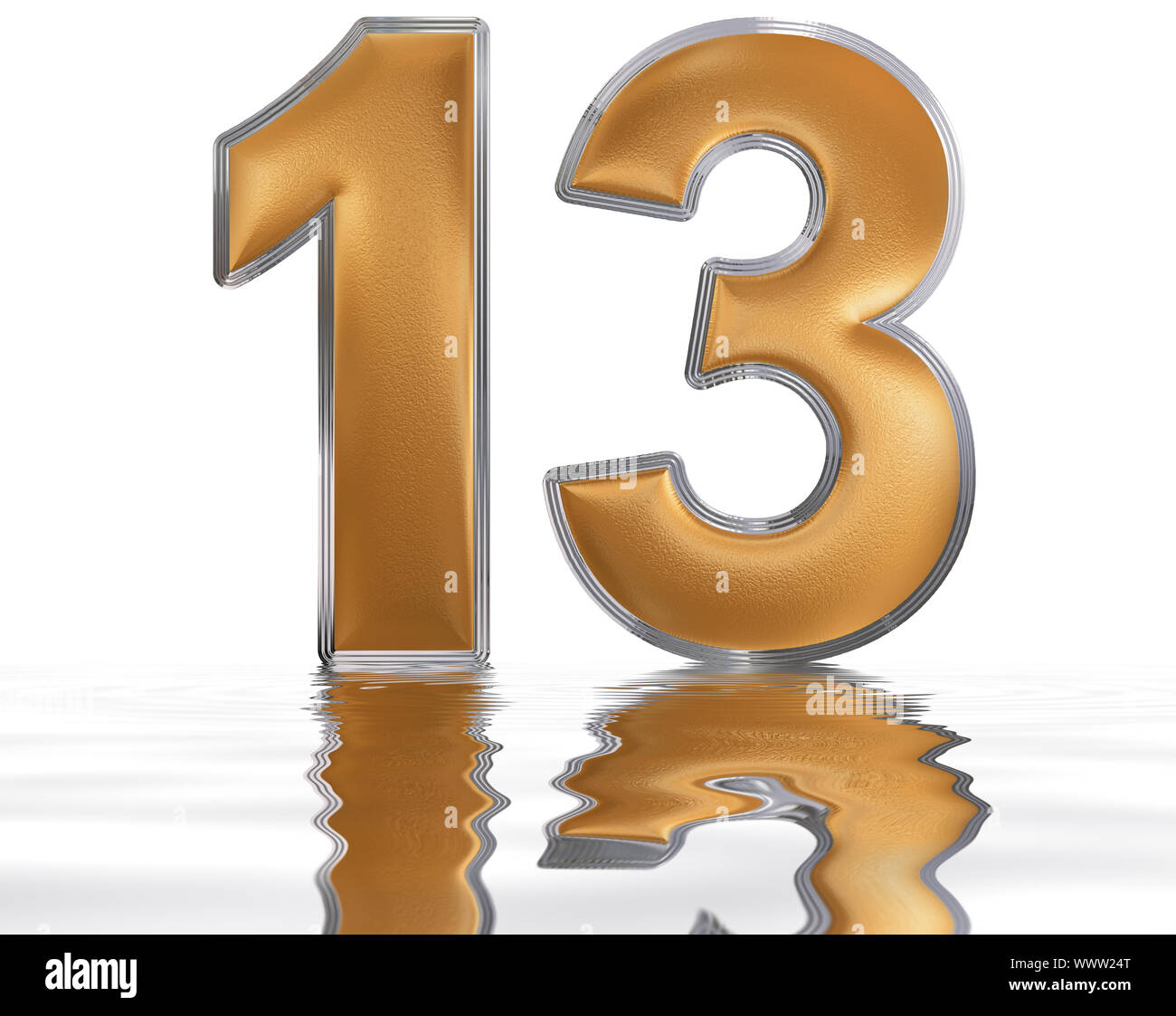 Numeral 13, thirteen, reflected on the water surface, isolated on white ...