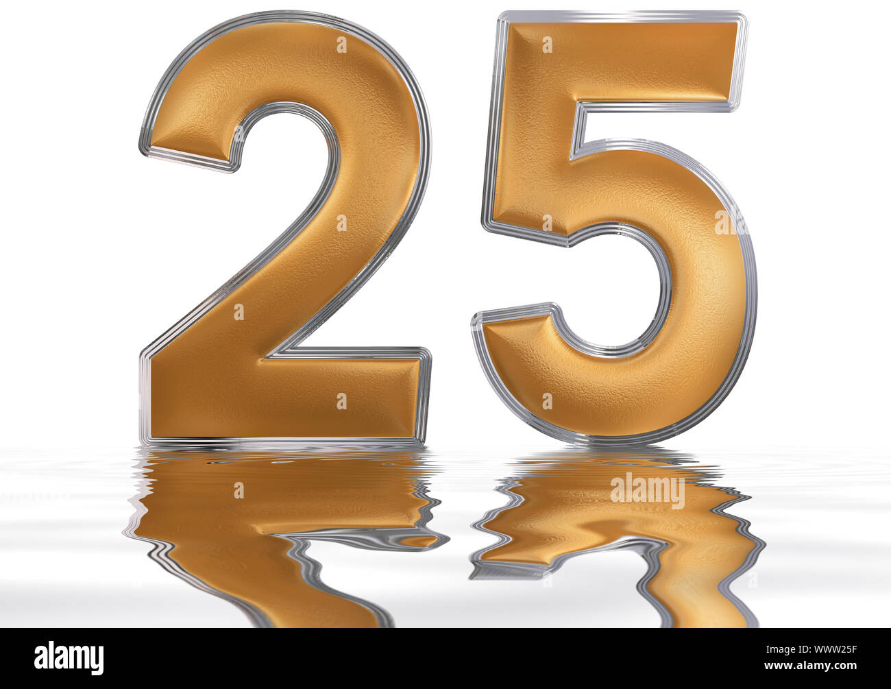 Numeral 25, twenty five, reflected on the water surface, isolated on ...