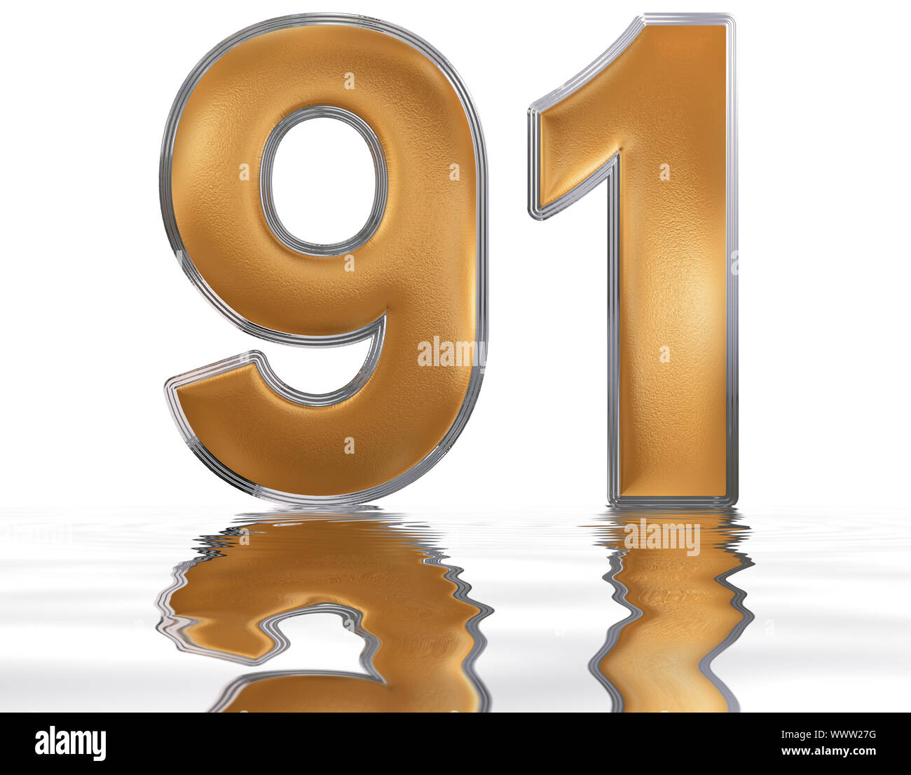 Numeral 91, ninety one, reflected on the water surface, isolated on white, 3d render Stock Photo ...
