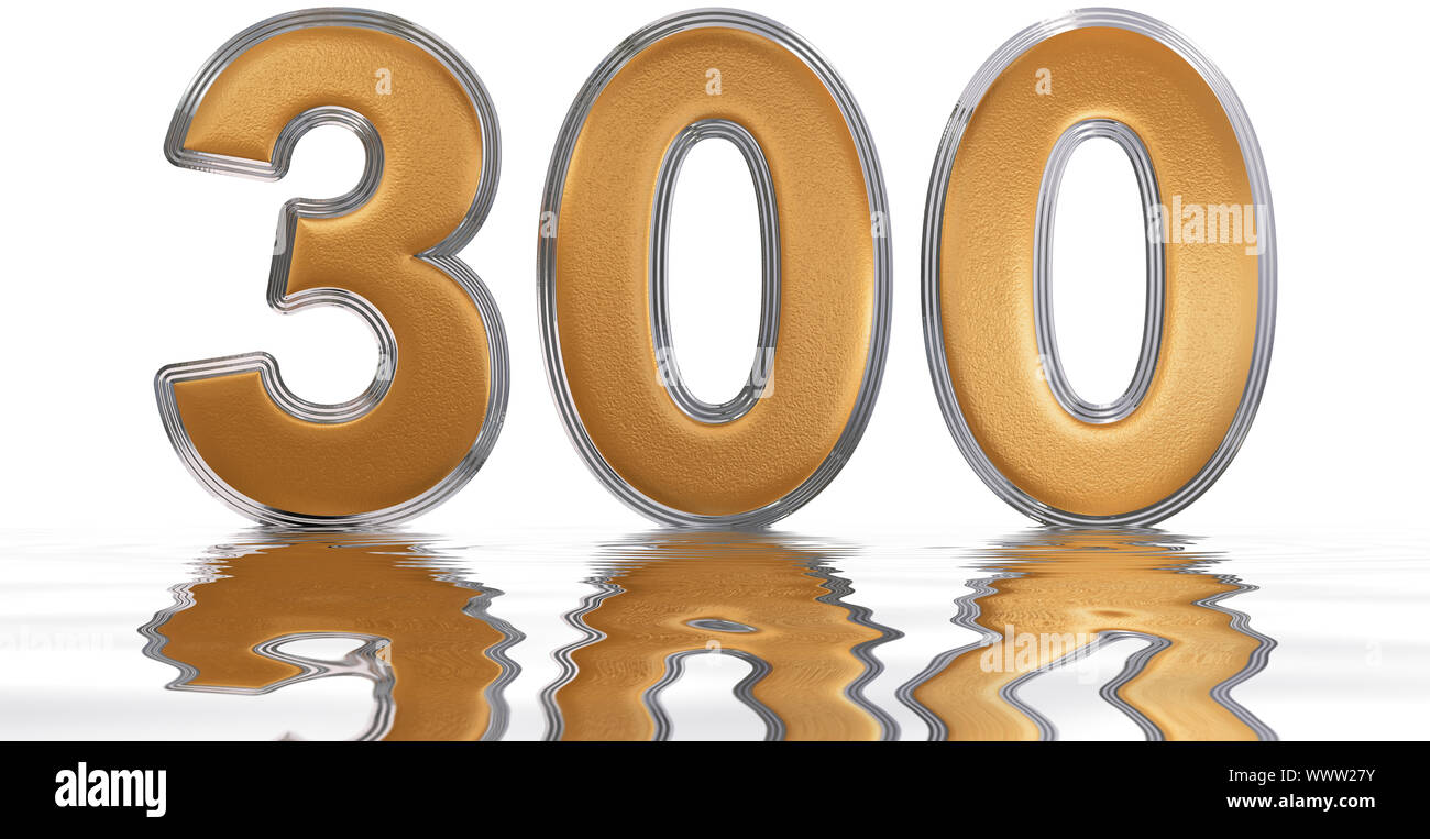 Numeral 300, three hundred, reflected on the water surface, isolated on ...