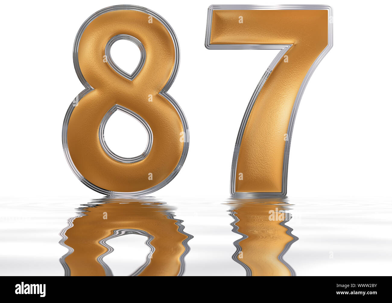 Numeral 87, eighty seven, reflected on the water surface, isolated on ...