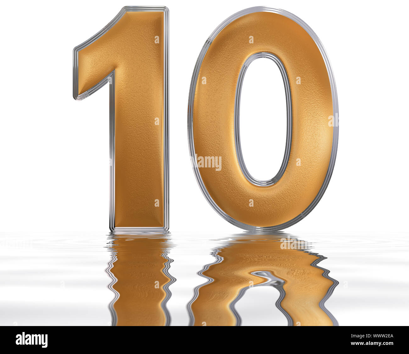 Numeral 10, ten, reflected on the water surface, isolated on white, 3d ...