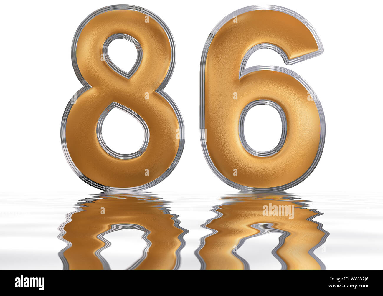 Numeral 86, eighty six, reflected on the water surface, isolated on ...
