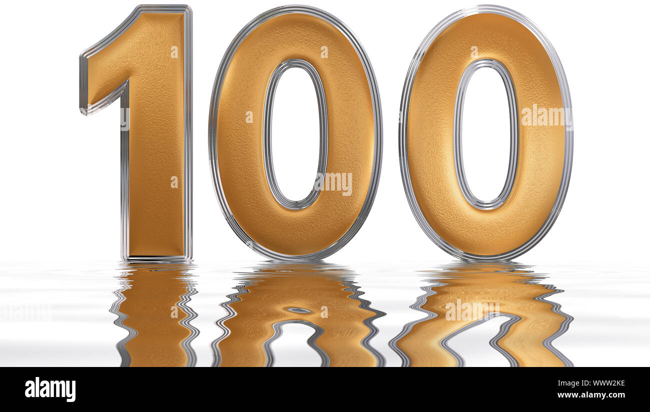 Numeral 100, one hundred, reflected on the water surface, isolated on ...