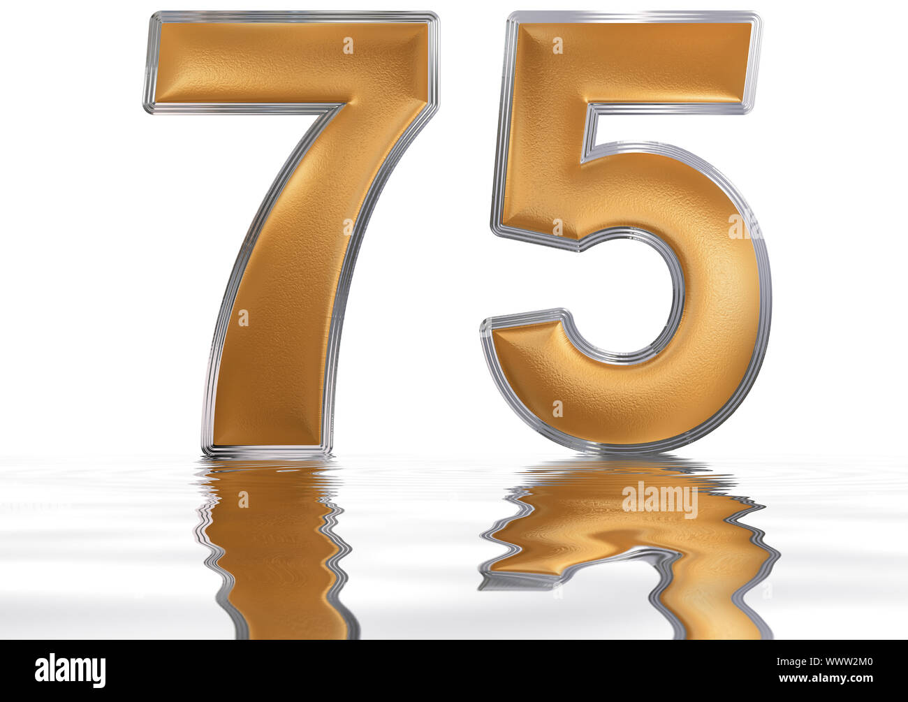 Numeral 75, seventy five, reflected on the water surface, isolated on ...