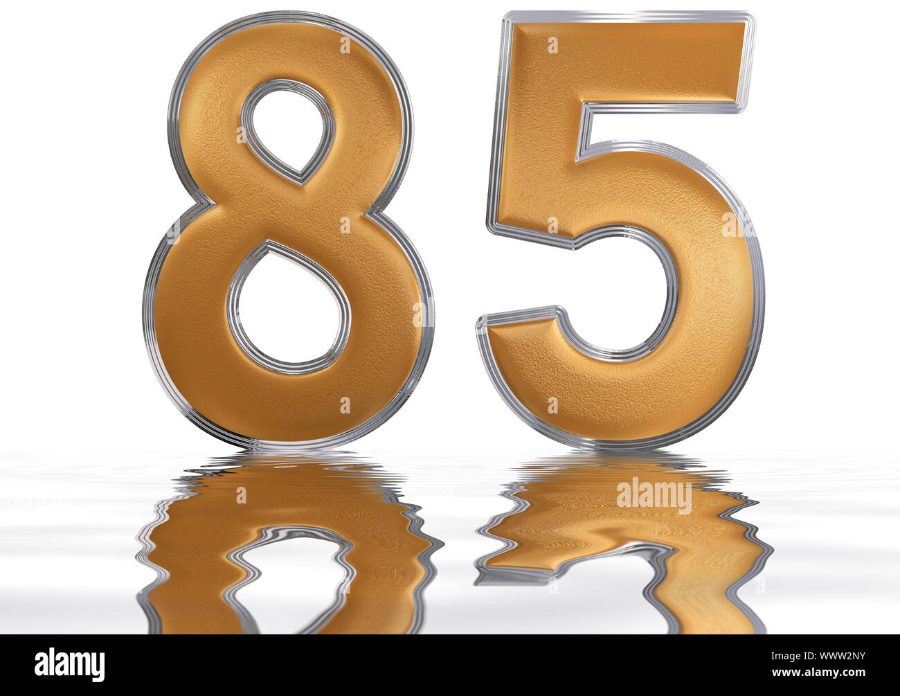 Numeral 85, eighty five, reflected on the water surface, isolated on ...
