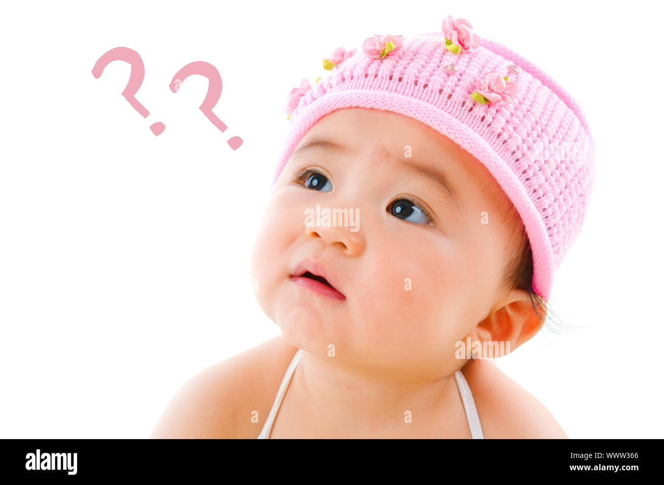 Wondering pan Asian baby girl with question mark isolated on white ...