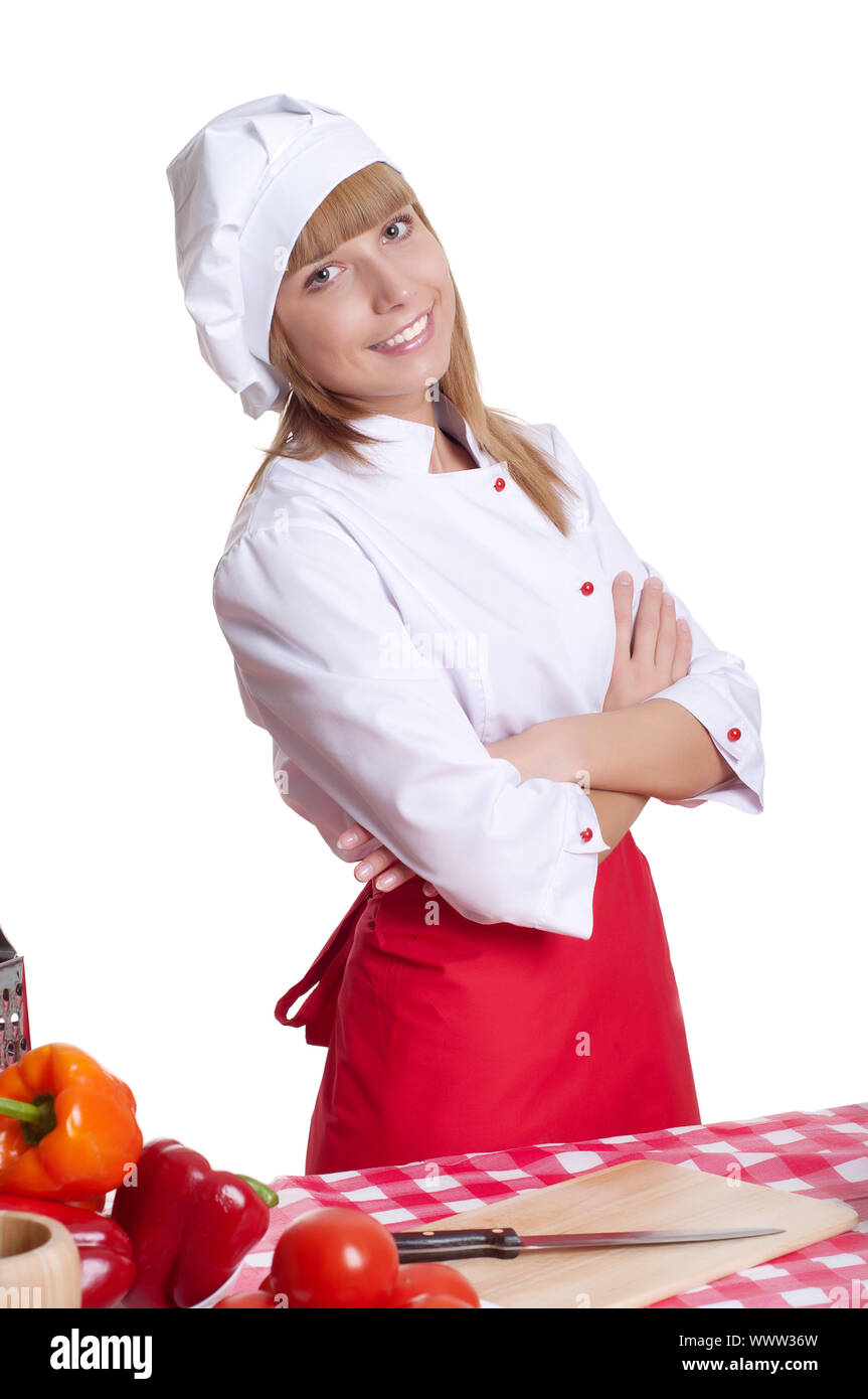 portrait attractive woman cook, smile and happy, white background Stock ...