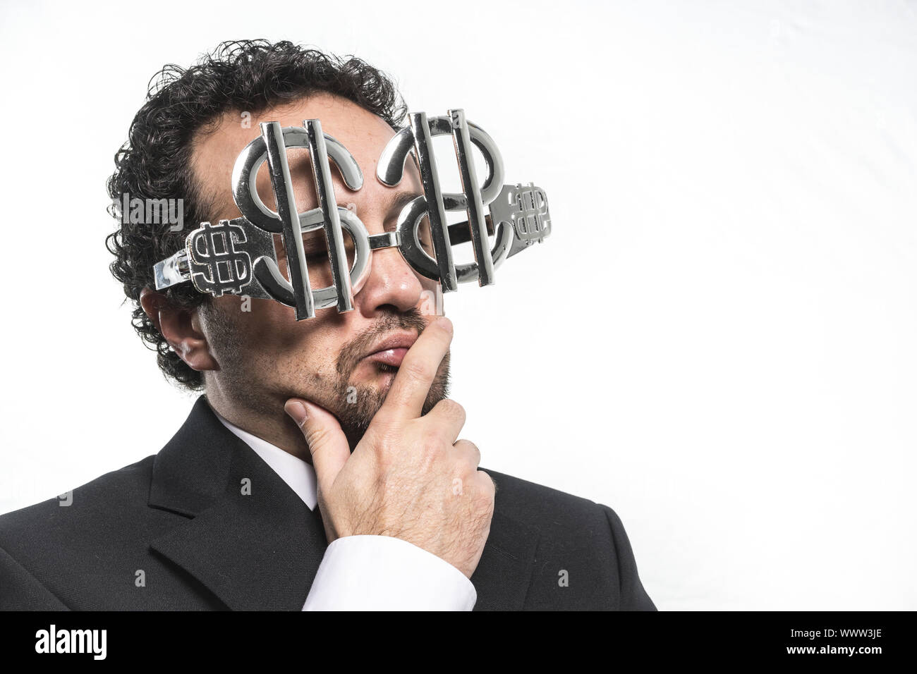Rich, Businessman with suit and glasses in the form of dollars ...