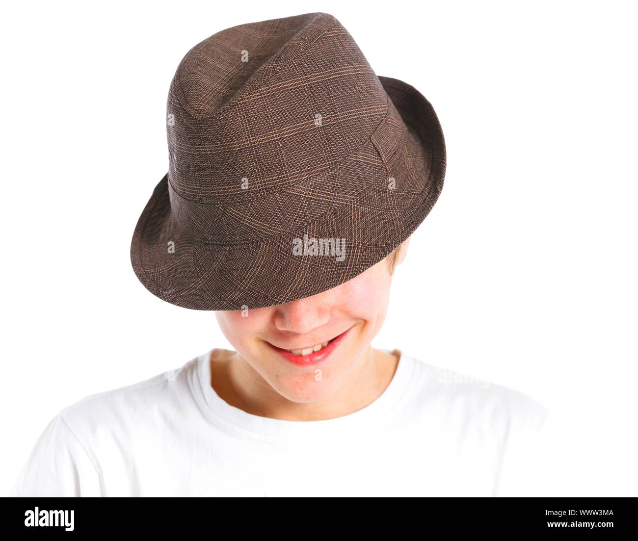 Close up portrait of fashionable boy in hat. Isolated on white ...