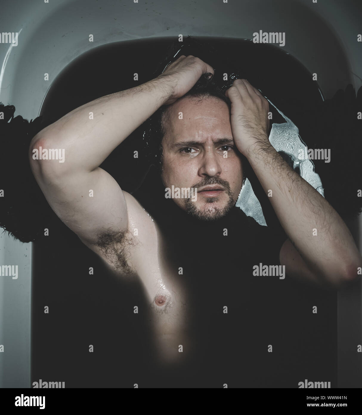Mythology, Fallen angel, man in a bathtub with black water and wings ...