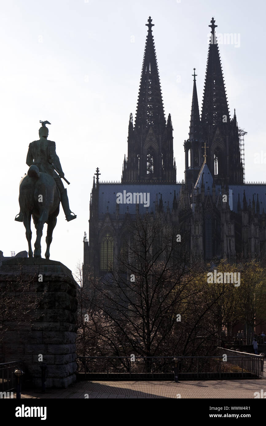 Cologne cathedral with equestrian statue , Cologne, Rhineland, North ...
