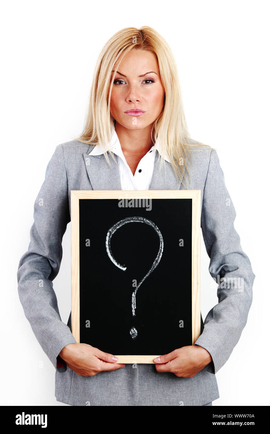 business woman take question sign in hands Stock Photo - Alamy