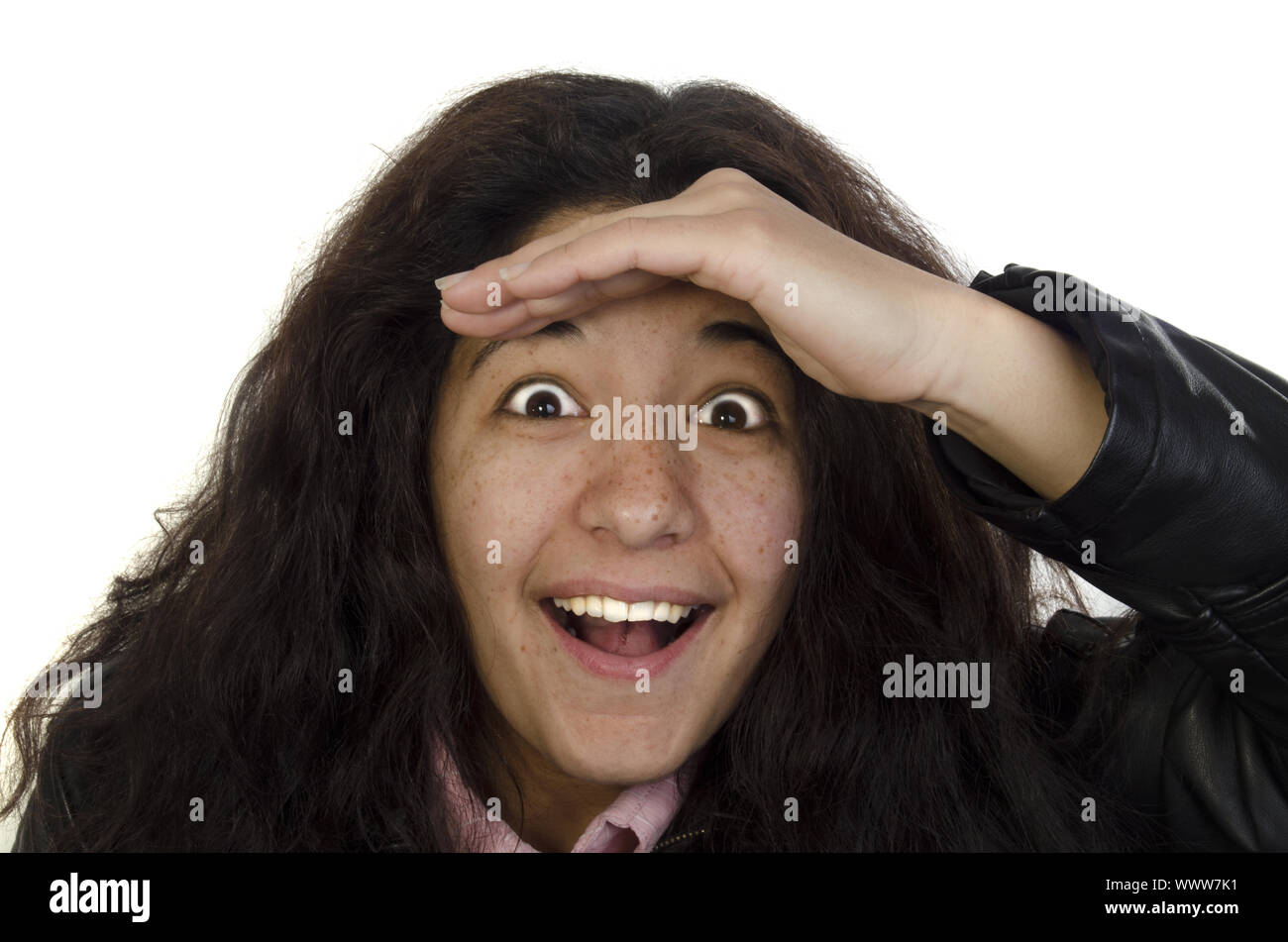 young woman with dark hair looks into the distant Stock Photo - Alamy