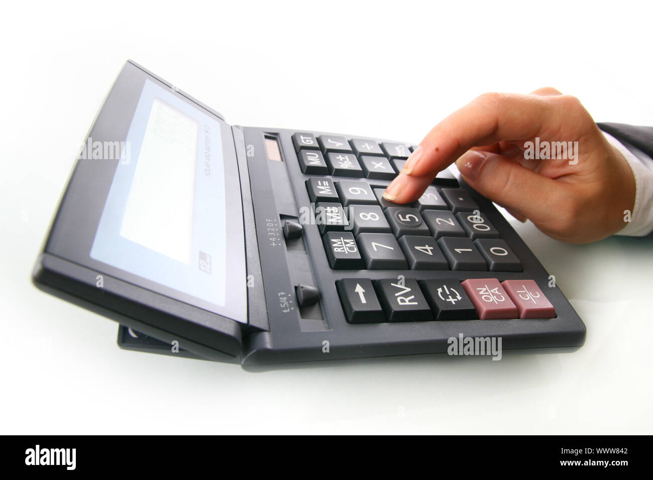 girl hand calculate on white background Stock Photo - Alamy