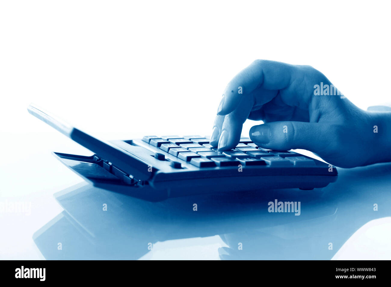 girl hand calculate on white background Stock Photo - Alamy
