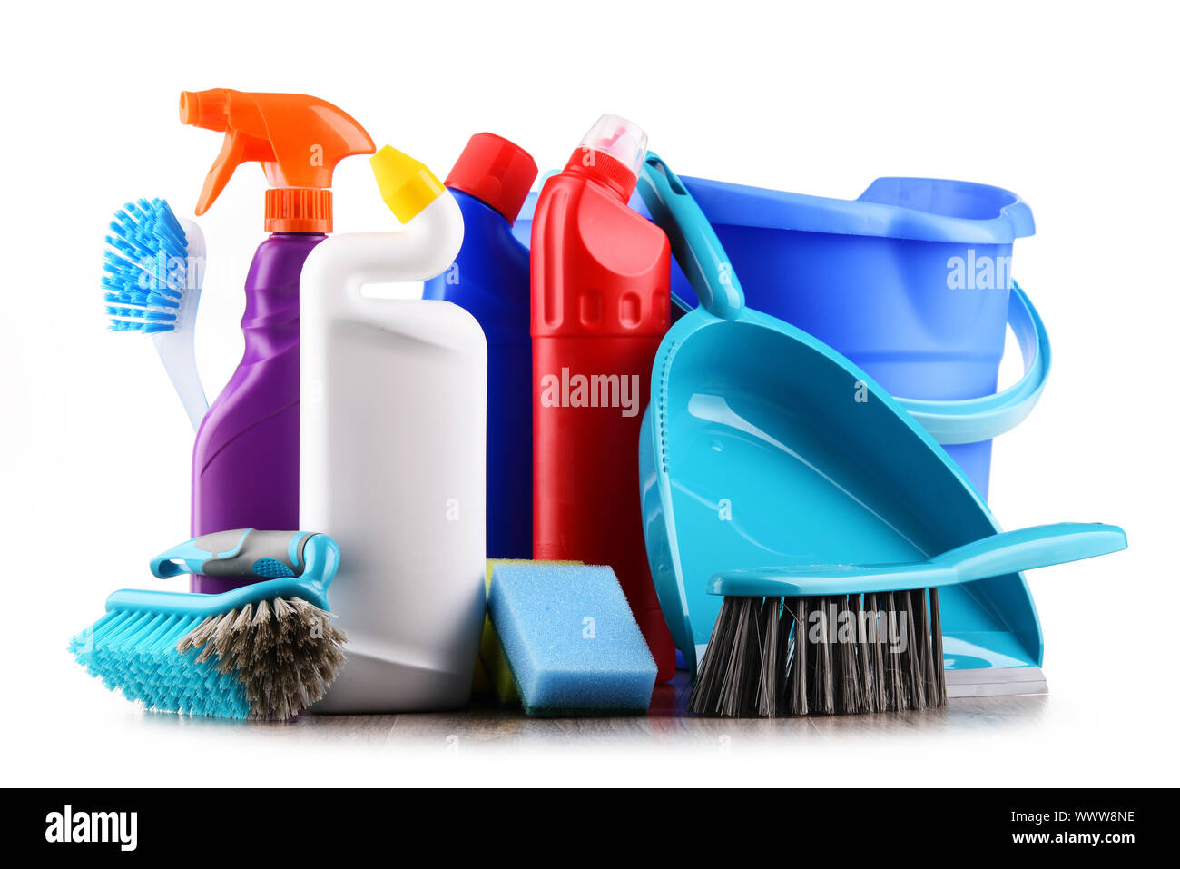 Variety of detergent bottles and chemical cleaning supplies isolated on ...