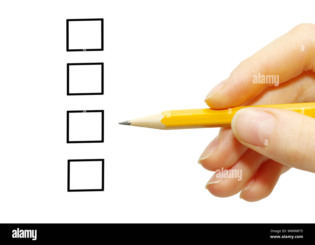 Hand with pencil and check boxes isolated on white Stock Photo - Alamy