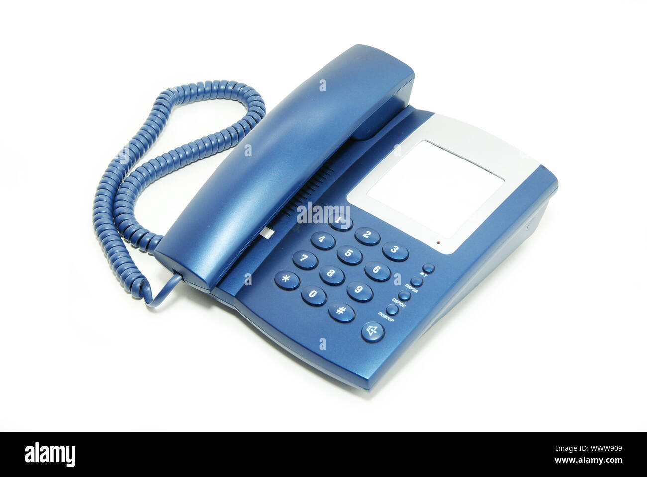 blue office telephone on a white background Stock Photo - Alamy