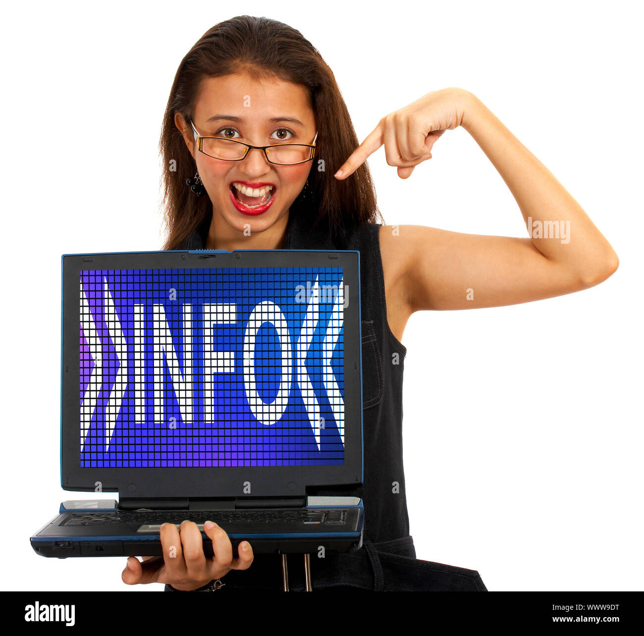 Girl With Info Word On Screen Showing Information And Support Stock ...