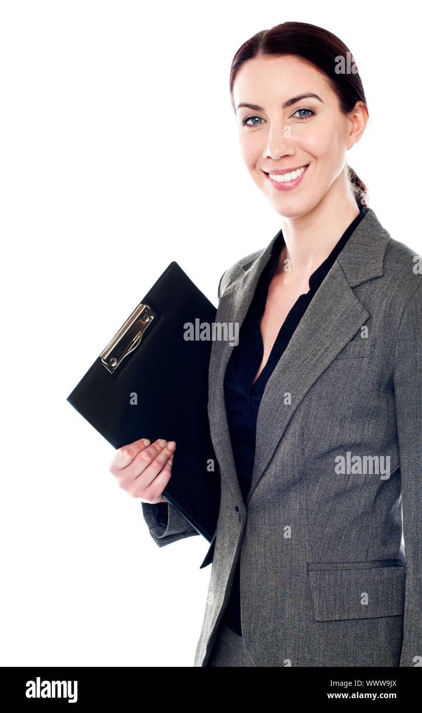 Smiling female secretary holding clipboard. All on white background ...