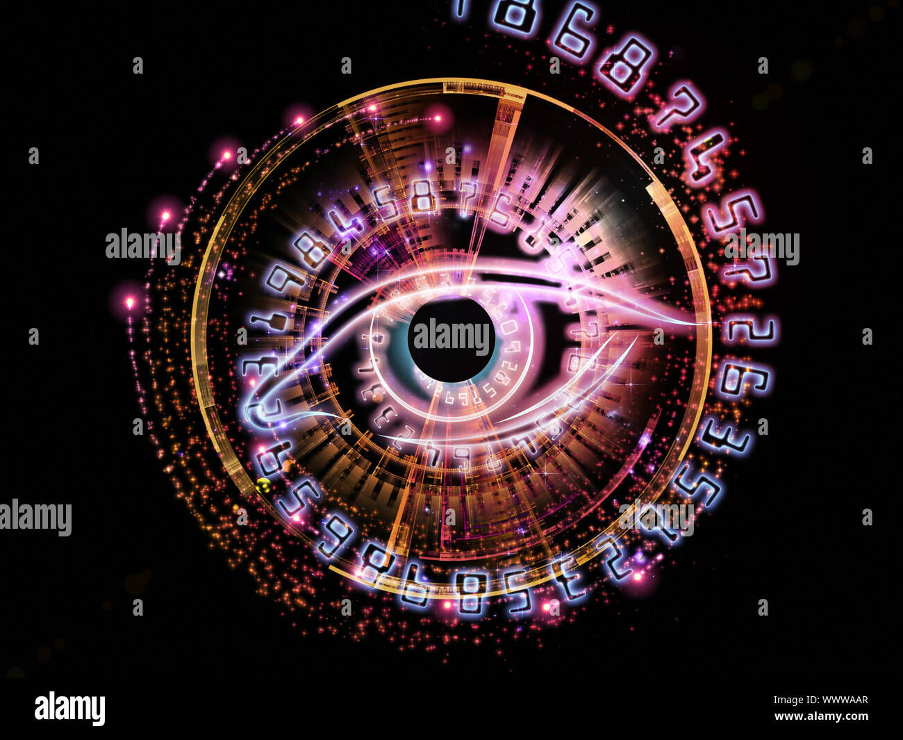 Composition of eye outlines, numbers, fractal and abstract design ...