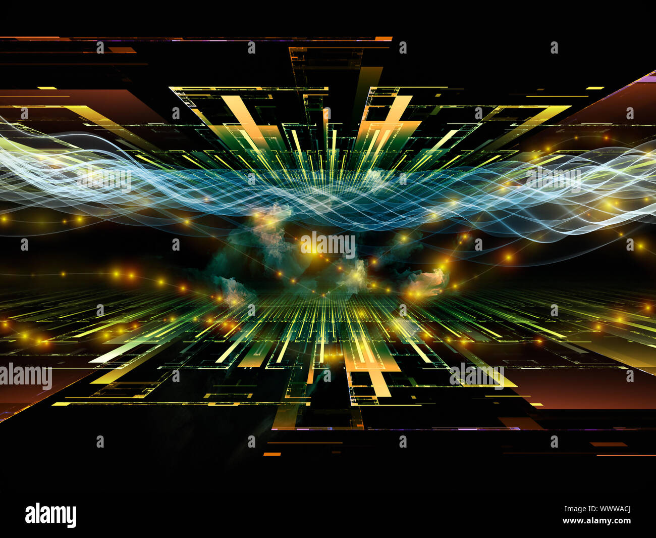 Composition of perspective fractal grids, lights, mathematical wave and ...