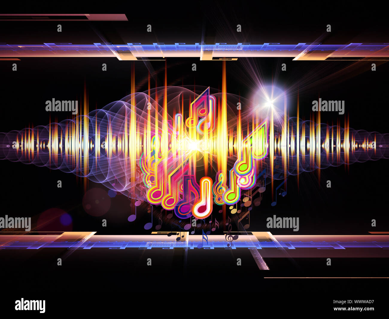 Composition of musical notes, perspective fractal grids, lights, wave ...