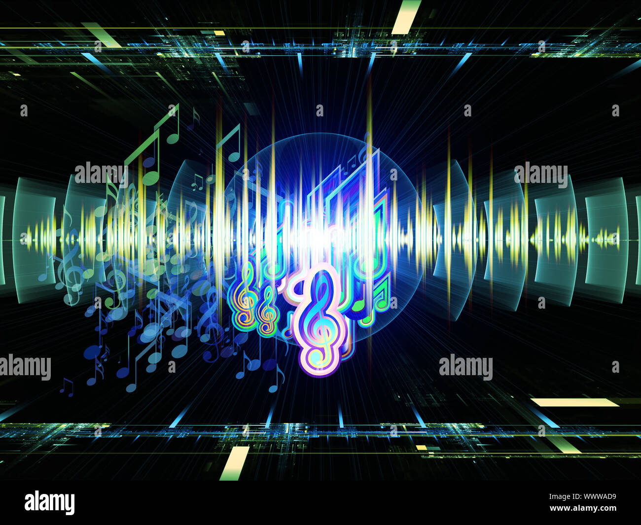 Arrangement of musical notes, perspective fractal grids, lights, wave ...