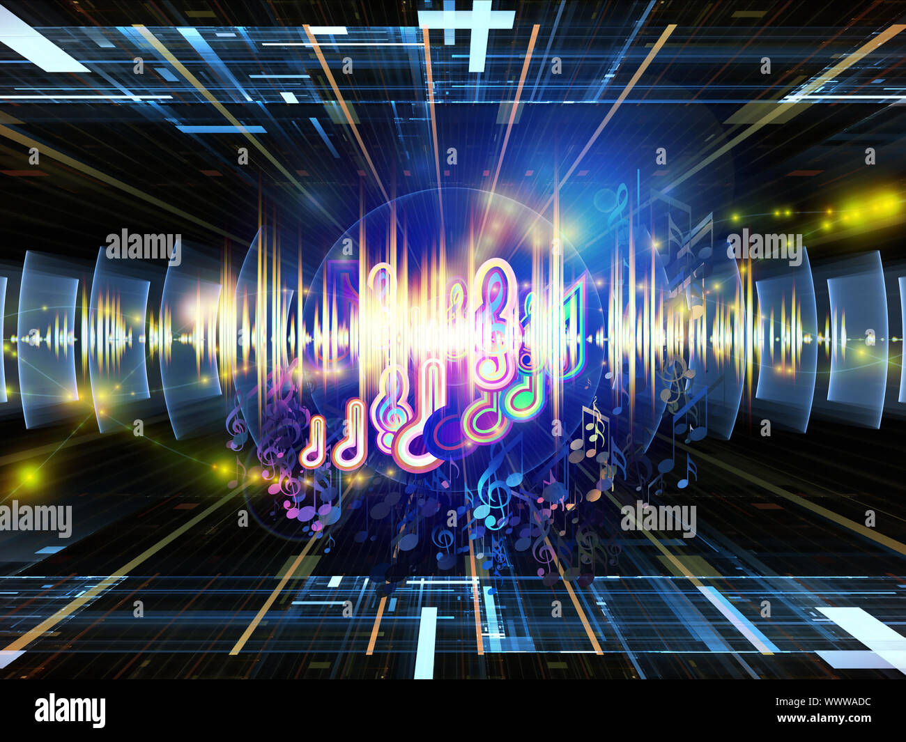 Composition of musical notes, perspective fractal grids, lights, wave ...
