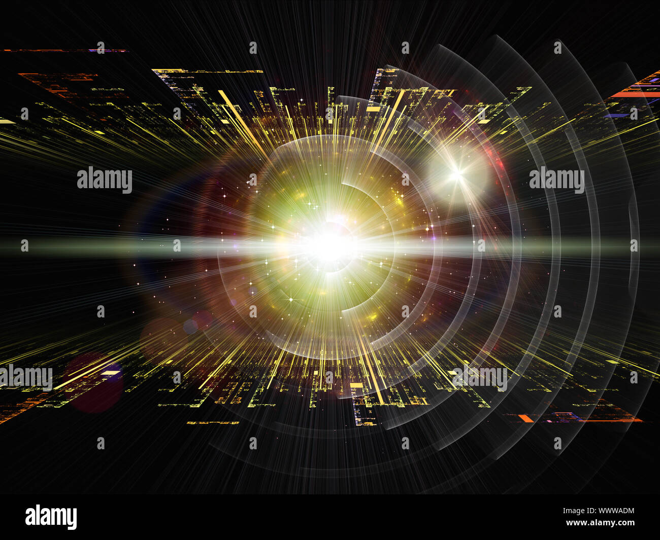 Composition of perspective fractal grids, lights, mathematical wave and ...