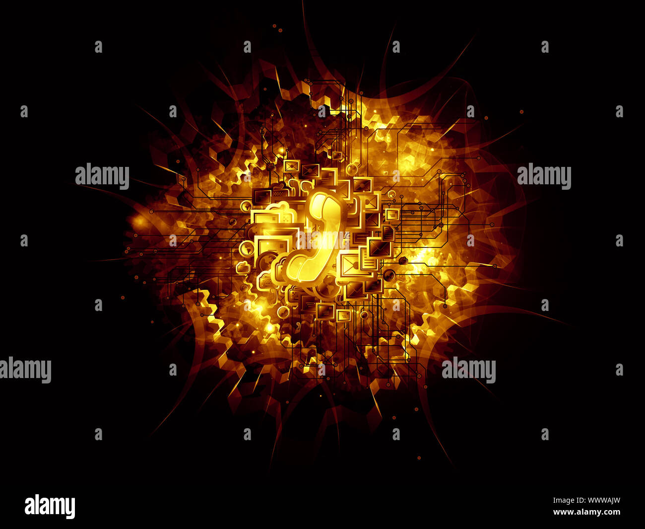 Interplay of communication symbols, gears and abstract design elements ...