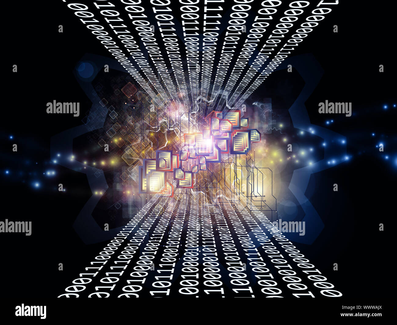 Composition of document symbols, lights and abstract technology ...