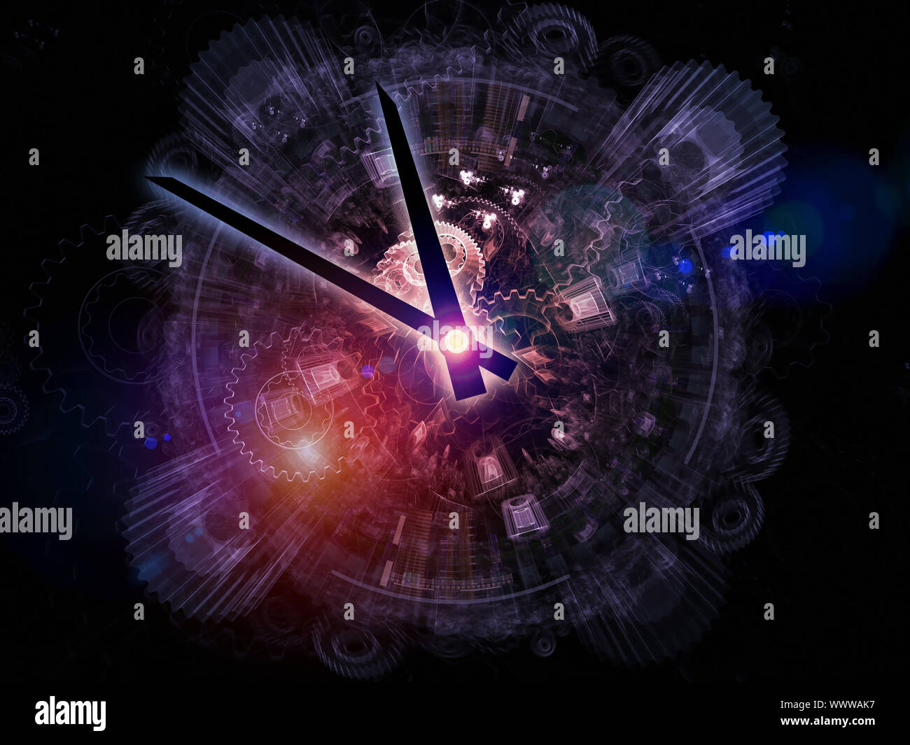 Background design of clock hands, gears, lights and abstract design ...