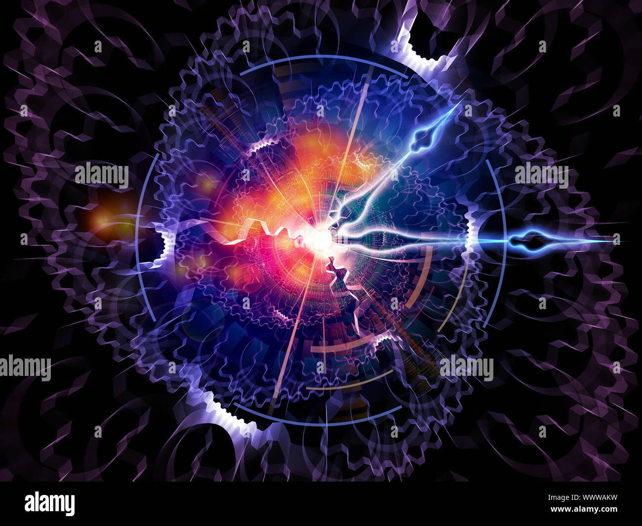Design composed of clock hands, gears, lights and abstract design ...