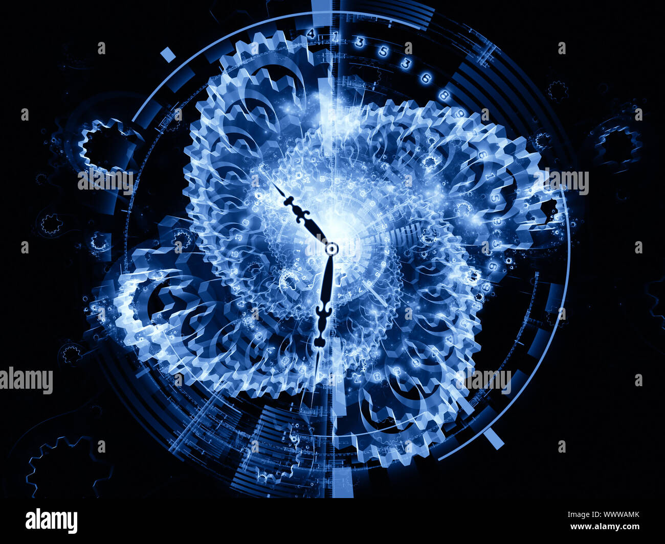 Composition of clock hands, gears, lights and numbers on the subject of ...
