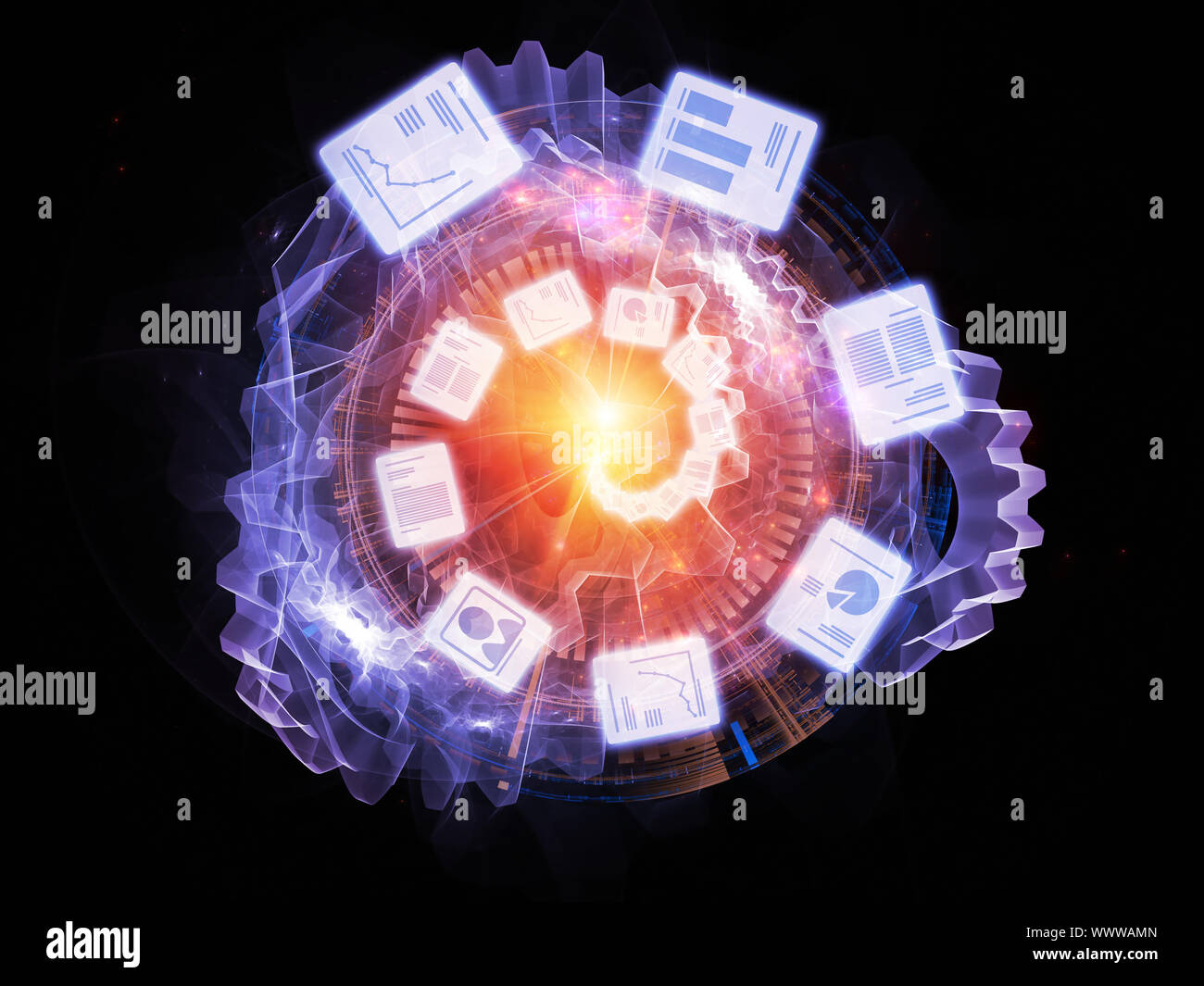 Composition of document icons, lights and abstract design elements ...