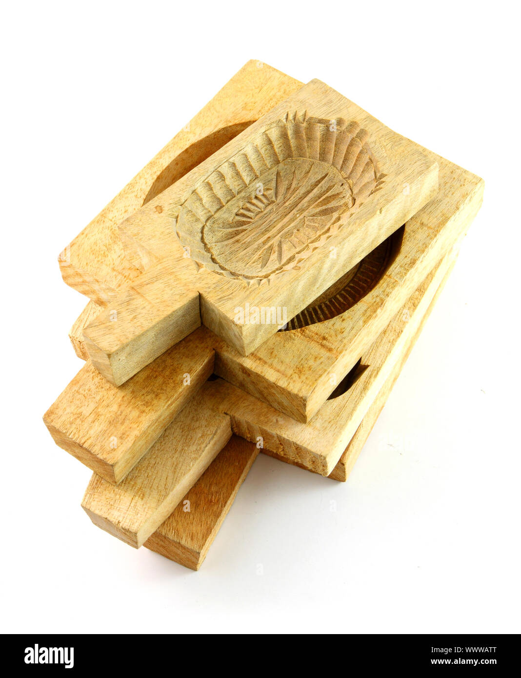 Traditional wooden molds for baking on white background Stock Photo - Alamy