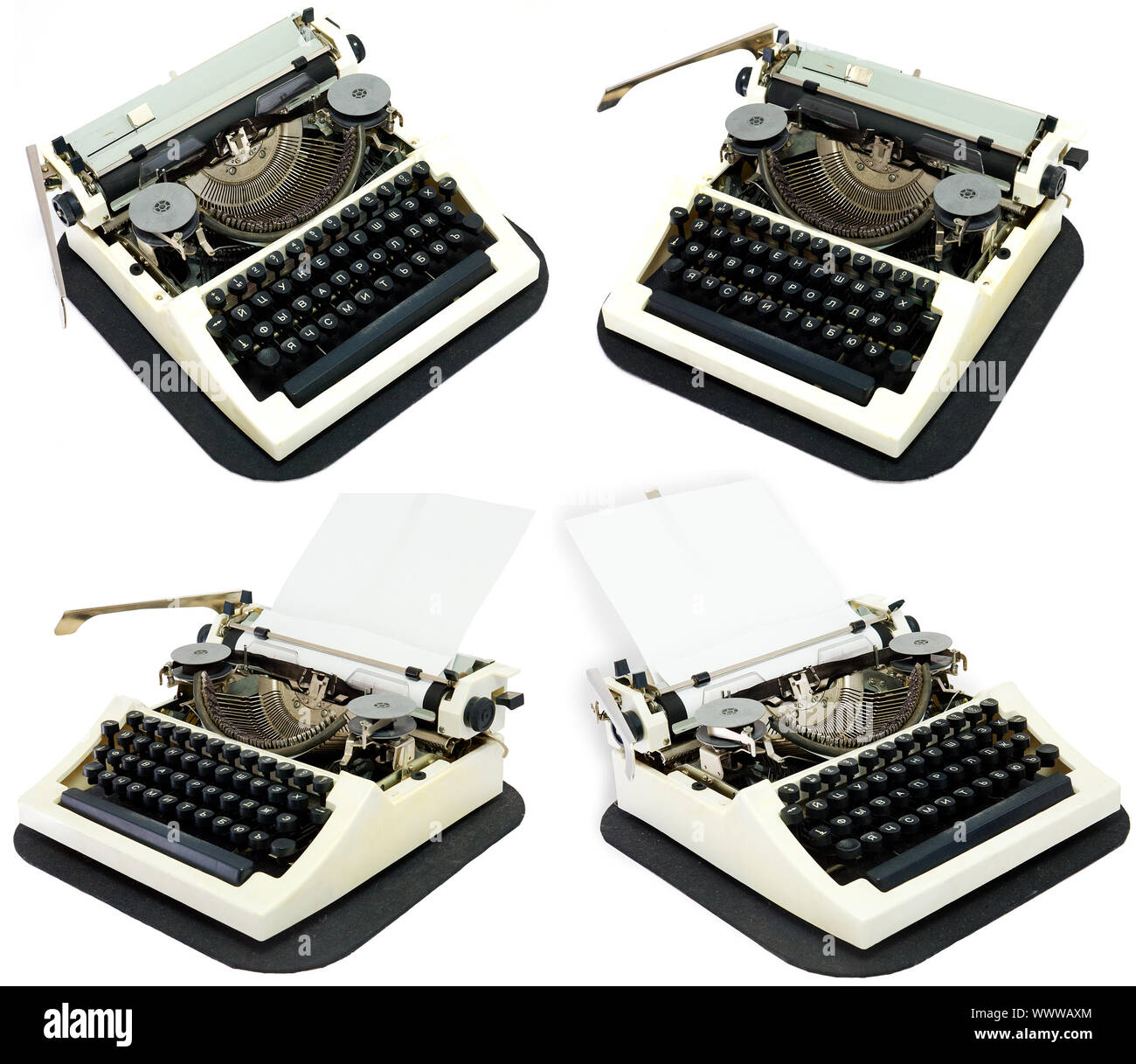 Four ancient typewriters on a white background Stock Photo - Alamy