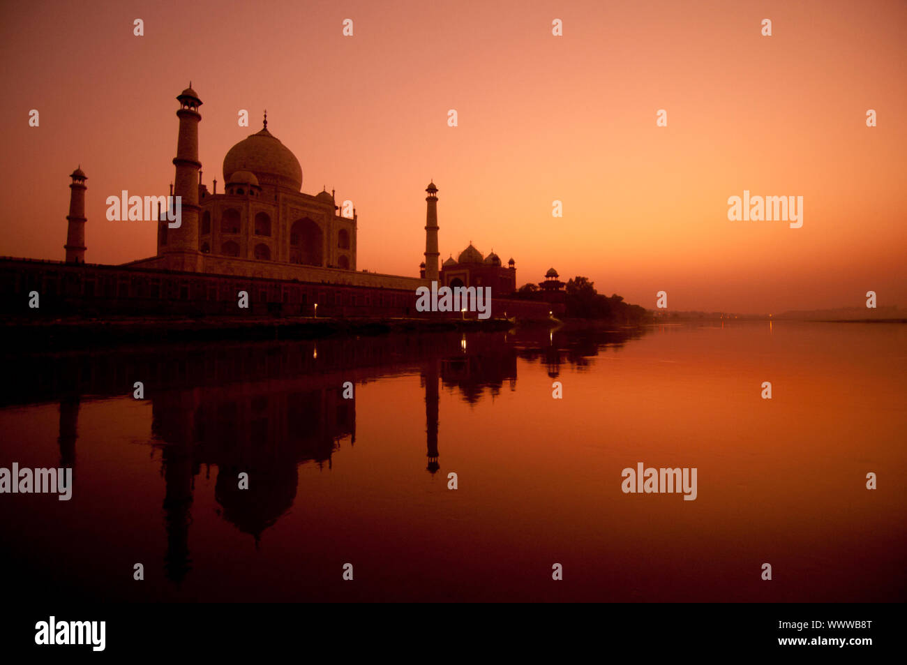 Taj Mahal in sunset view, water reflection of yamuna river Stock Photo ...