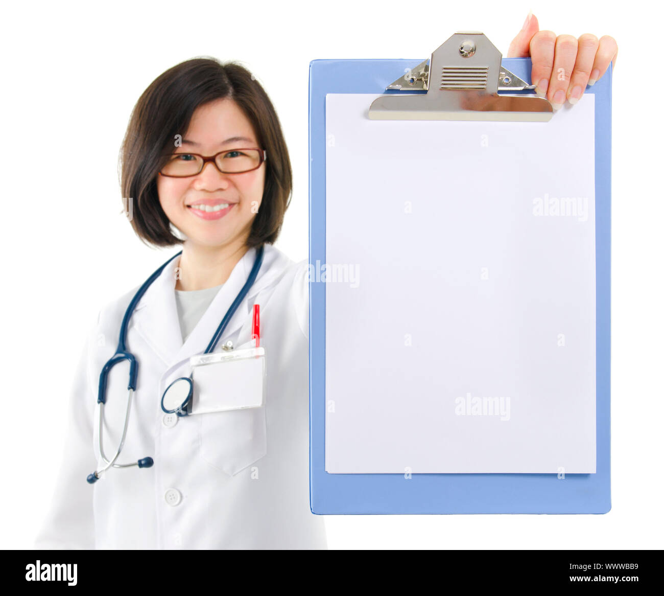 Asian female doctor showing blank writing pad on white background Stock ...